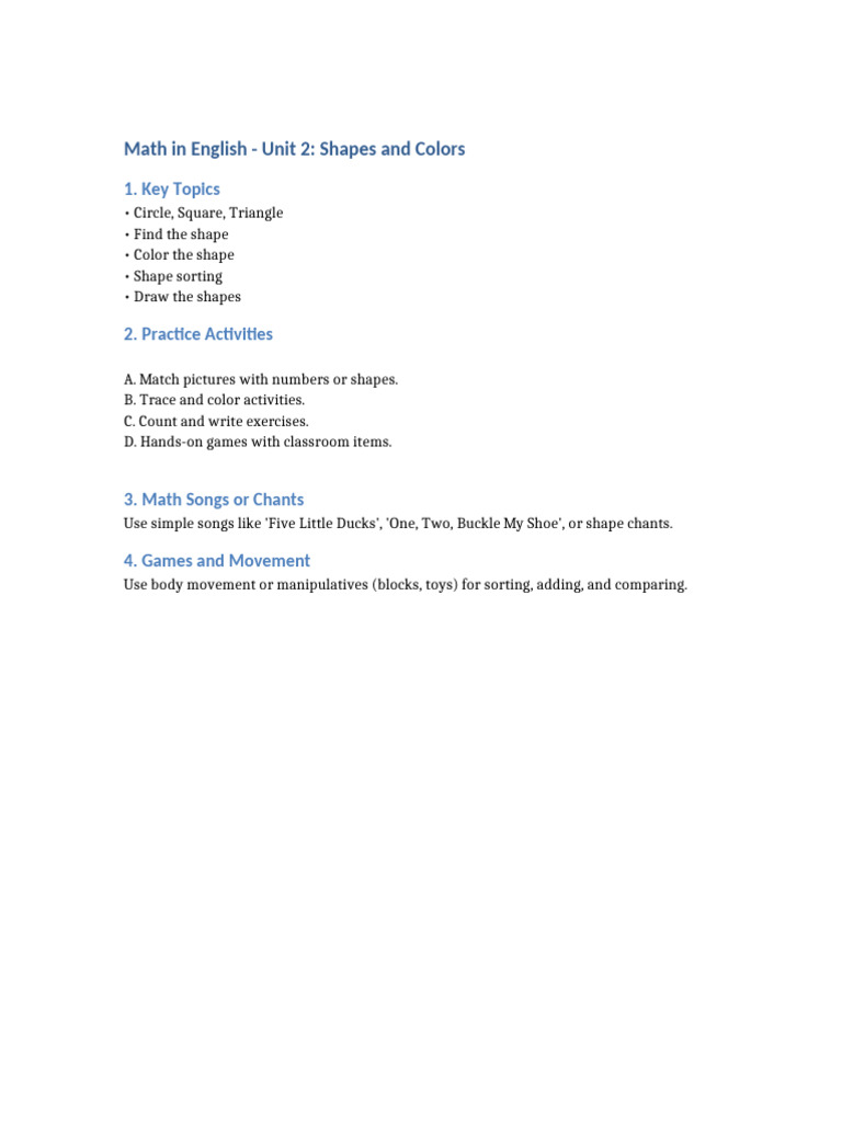 Math Unit2 Unit 2 Shapes and Colors Material | PDF