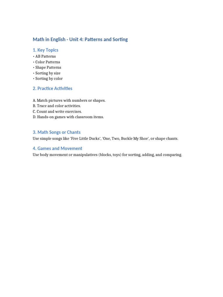 Math Unit4 Unit 4 Patterns and Sorting Material | PDF