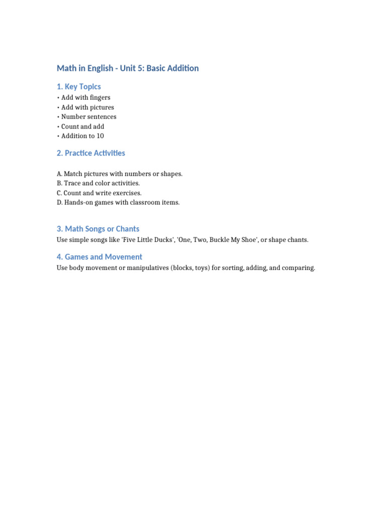 Math Unit5 Unit 5 Basic Addition Material | PDF