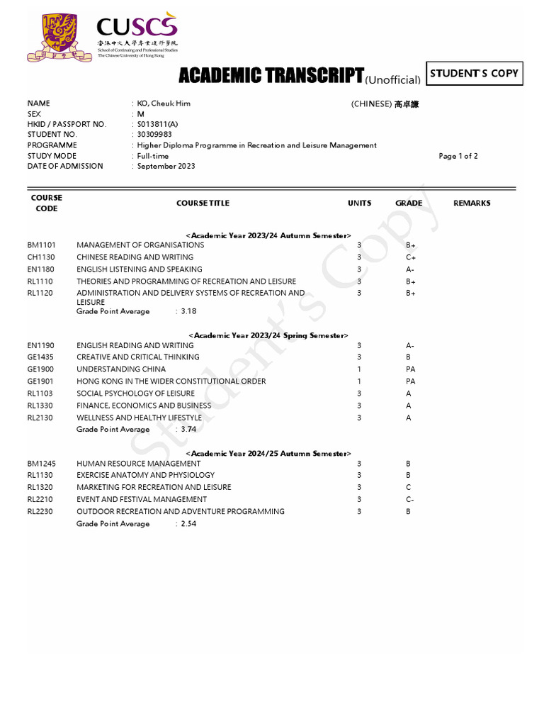 Academic Transcript: (Unofficial) | PDF | Recreation
