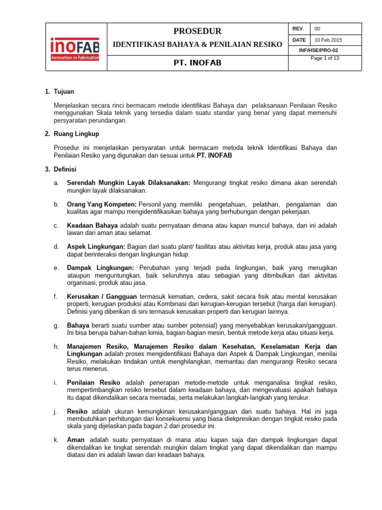 HSE-PRO-02 Identifikasi Bahaya & Penilaian Resiko | PDF