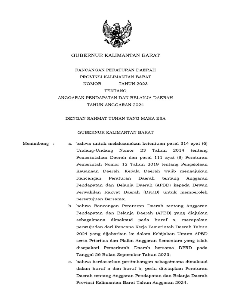 Batang Tubuh Rancangan Perda Apbd Ta 2024 | PDF
