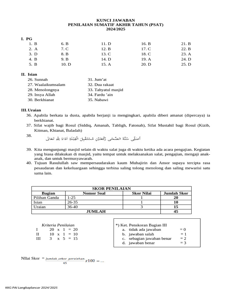Kunci Jawaban Psat Pai 2024-2025 Kurmer | PDF