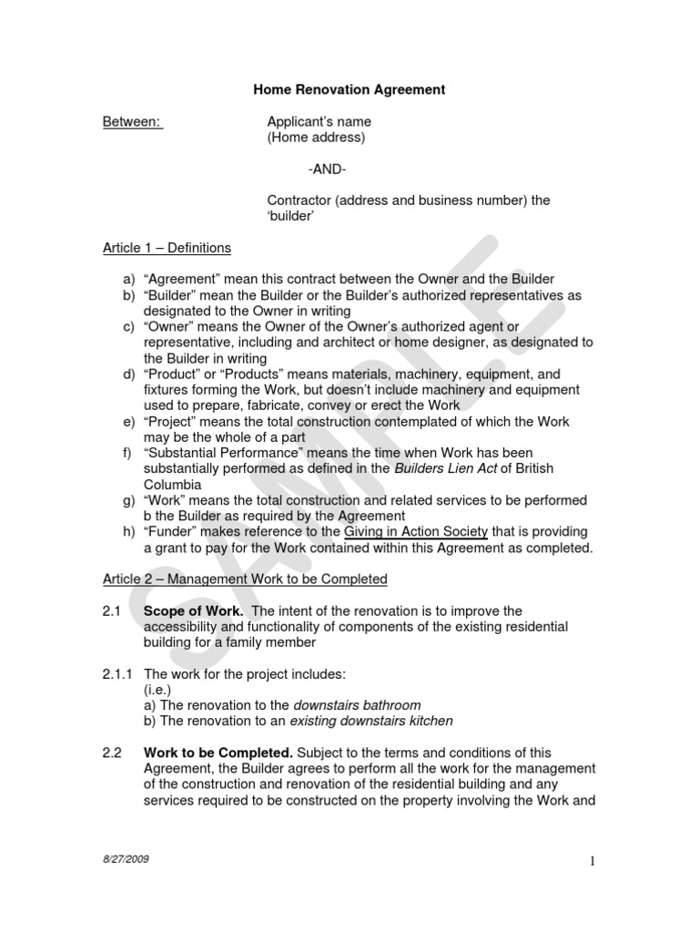 Home Renovation Agreement Template | PDF | General Contractor | Mediation