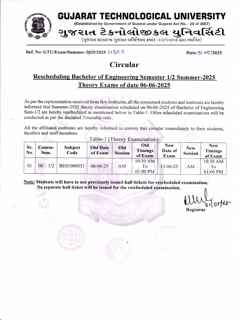 Circular For Reschedule BE Sem-1 Exam - 06-06-2025 - 500182 | PDF