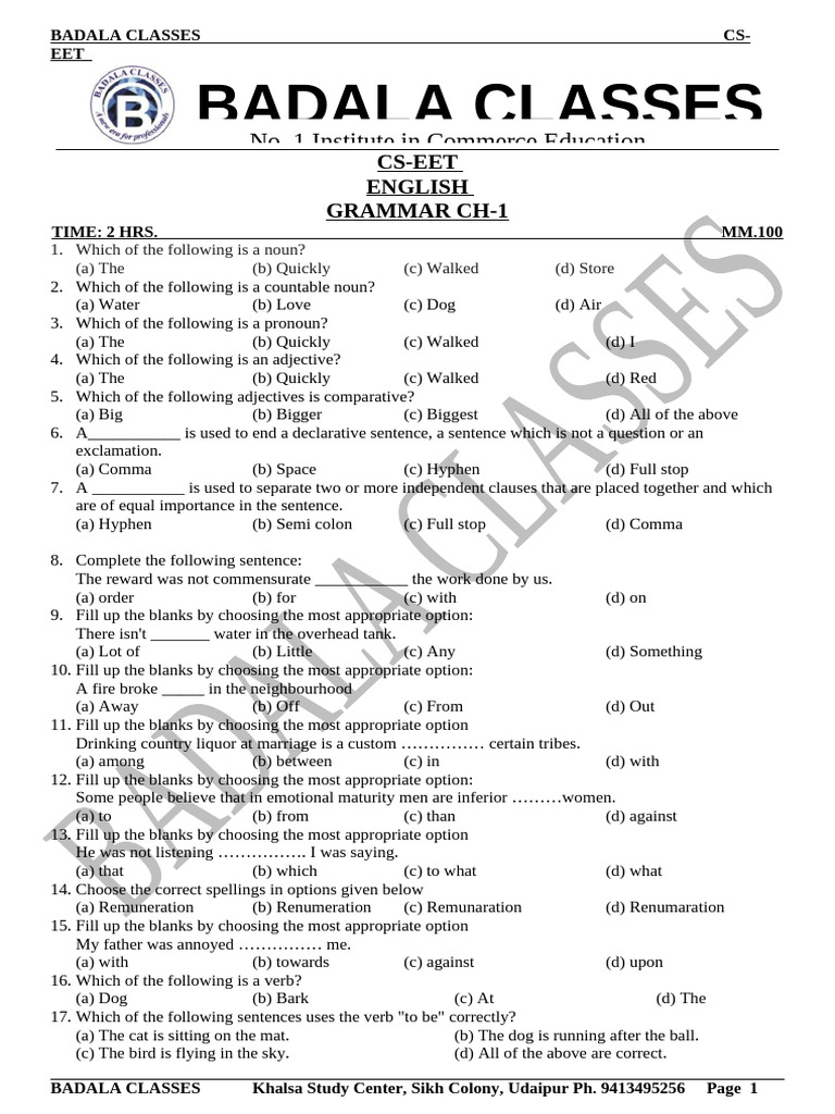 7-06-25 English Grammer Ch-1 (50 Question) | PDF | English Grammar | Linguistics