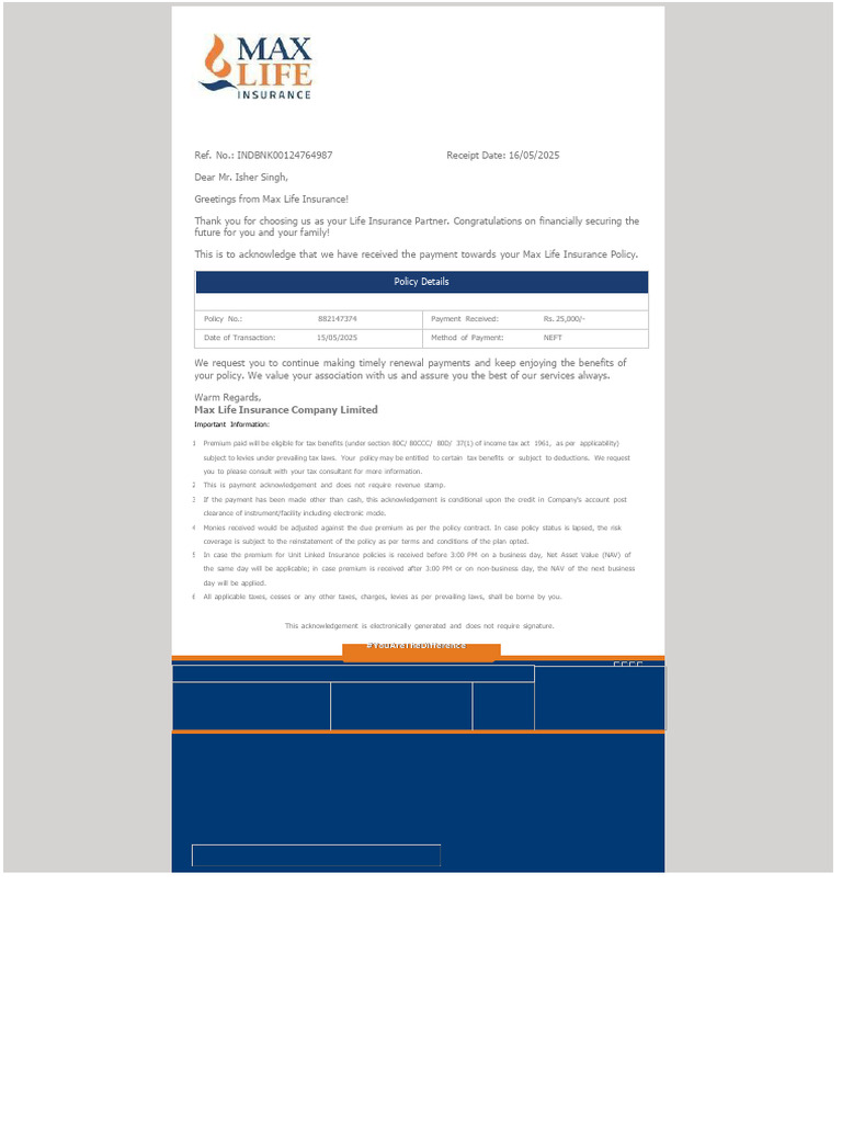 MR. Isher Singh Payment Receipt. | PDF | Life Insurance | Insurance