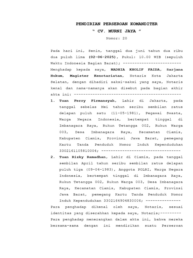 Akta Pendirian CV Comanditer - Nadhia Kholif Faida - New | PDF