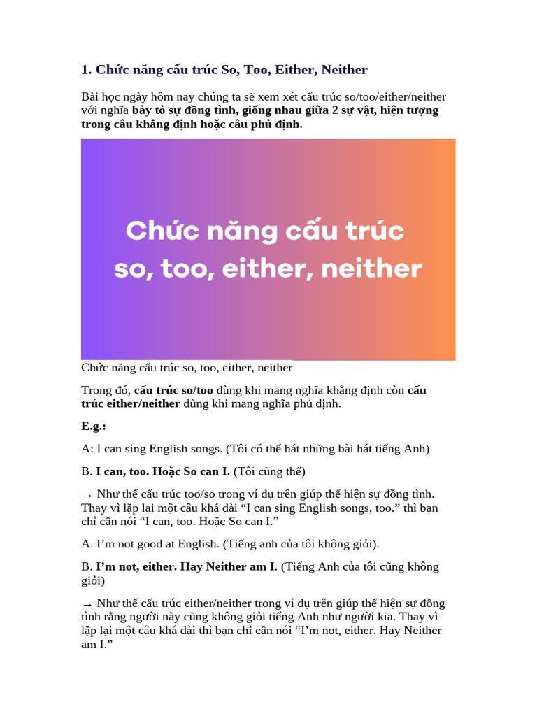 So, Too, Either, Neither | PDF