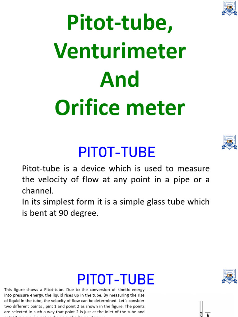 Pitot-Tube, Venturimeter and Orifice Meter | PDF