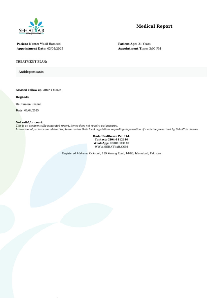 Wasif Hameed Med Report 91342 03-04-2025 | PDF