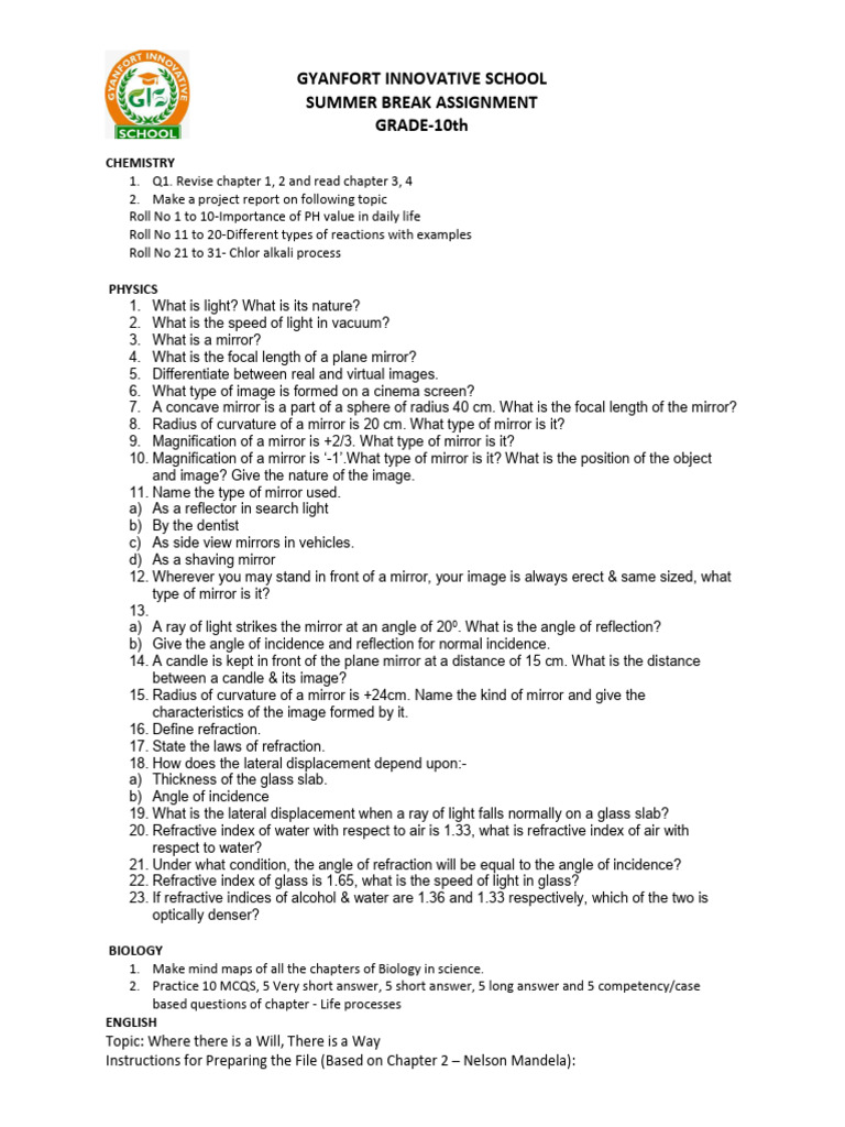 Class 10 Summer Assignment-1 | PDF | Quadratic Equation | Mirror