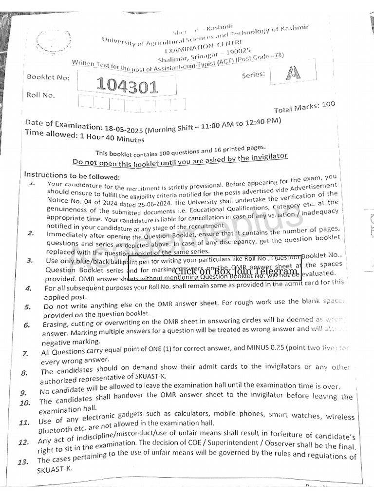Assistant Cum Typist Question Paper (SKUAST-K) 2025 | PDF