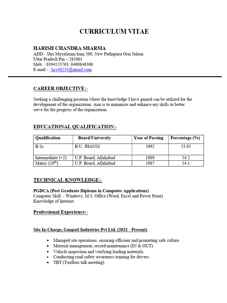 Harish Chandra Sharma (CV) | PDF