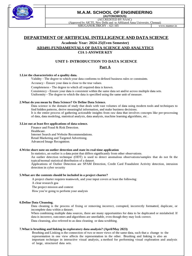 Ad3491-FDA Unit 1 Question Bank | PDF | Data | Data Science