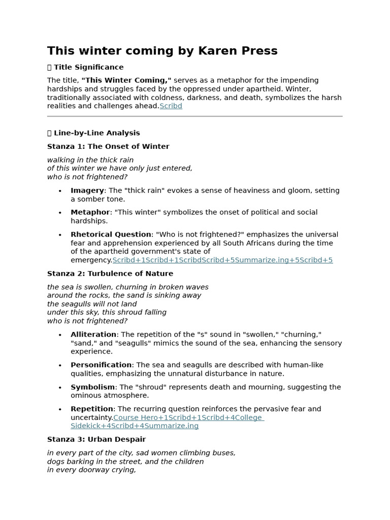 Analysis of "This Winter Coming" Poem | PDF | Poetry