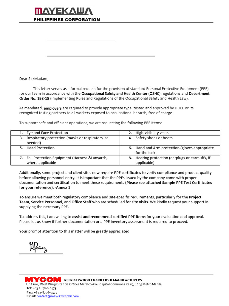 Request for DOLE-Compliant PPE Supply | PDF | Personal Protective ...