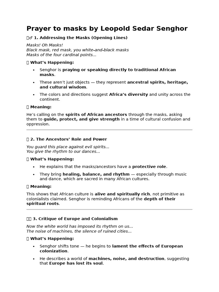 Prayer To Masks by Leopold Sedar Senghor | PDF | Mask