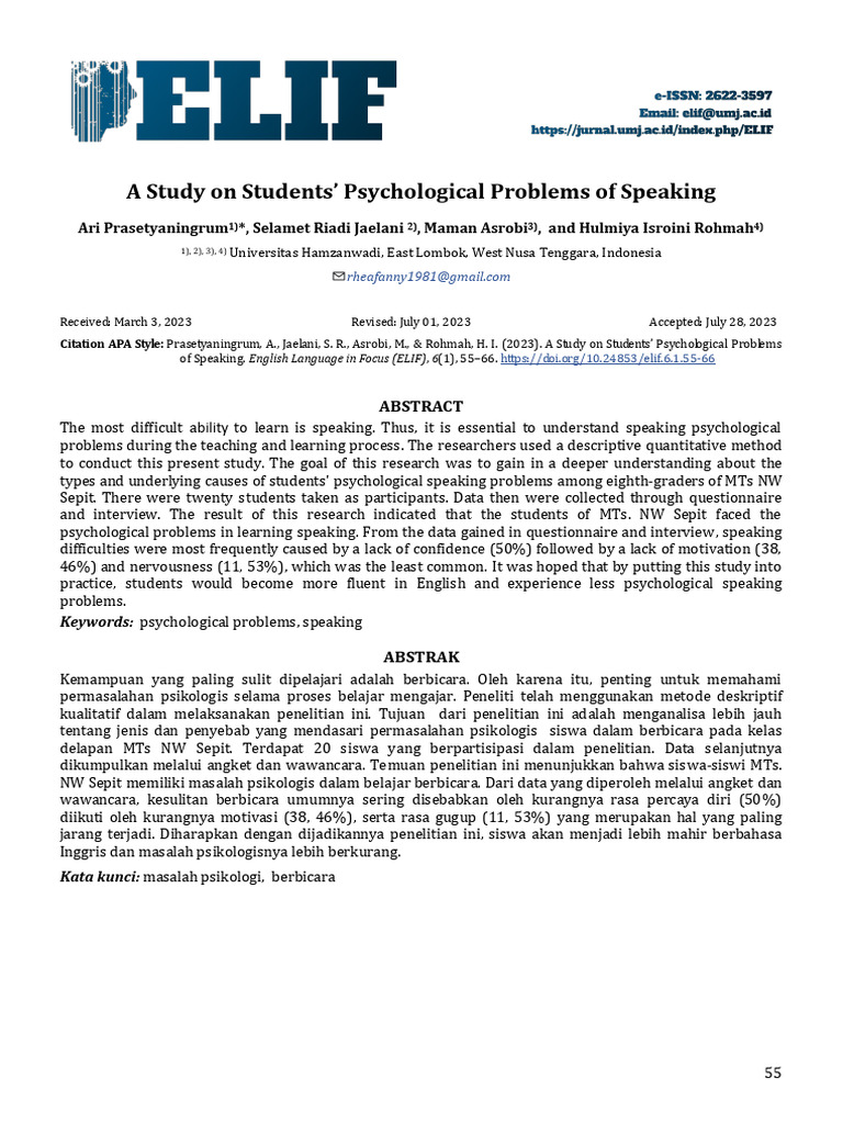 A Study On Students' Psychological Problems of Speaking | PDF ...