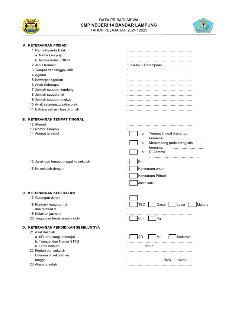 Biodata Siswa SMP N 14 BL 2024 2025 | PDF