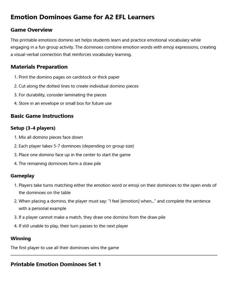 Emotion Dominoes Game For A2 EFL Learners | PDF | Reading Comprehension ...