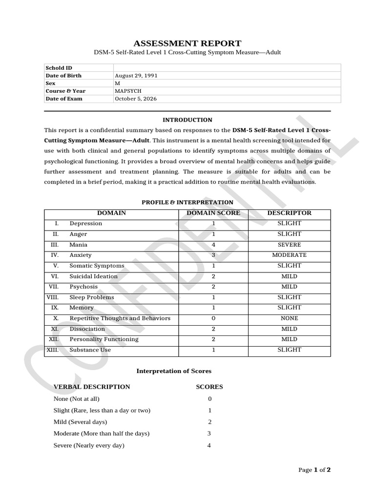 CCSM Adult Profile Report Template | PDF | Mental Health ...