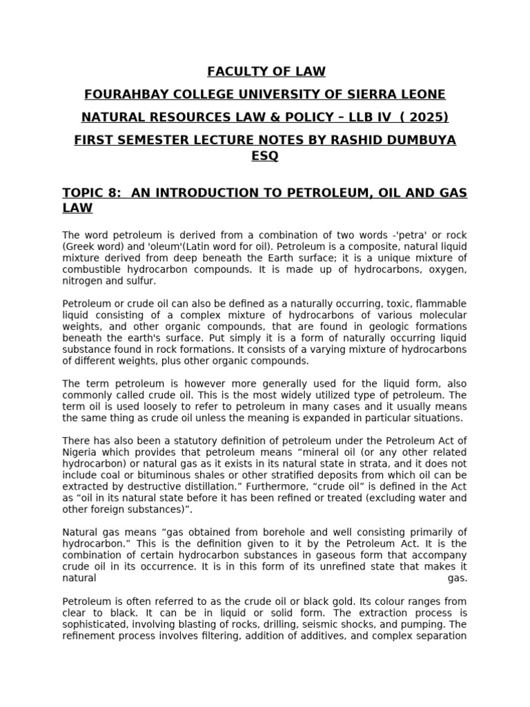 Topic 8 INTRODUCTION TO PETROLEUM, OIL AND GAS LAW FIRST SEMSTER FINAL | PDF | Petroleum ...