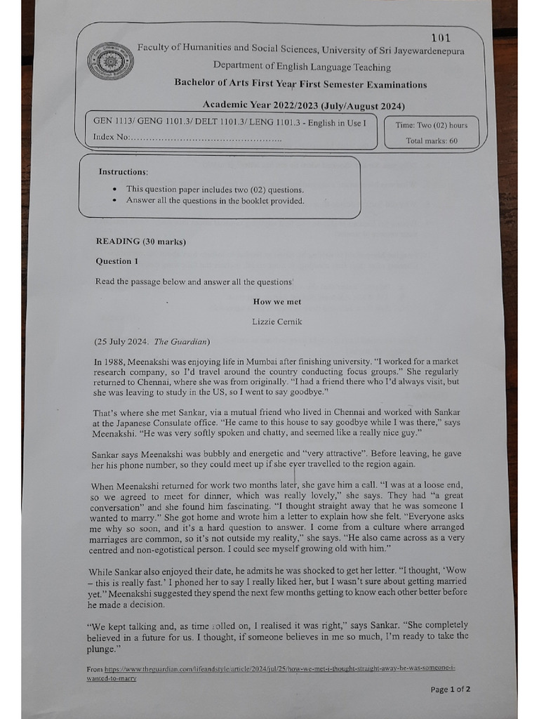 First Year First Sem English in Use 1 (Paper) - 2024 | PDF