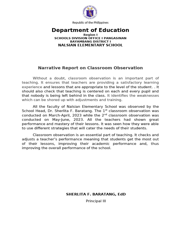 Narrative Report On Classroom Observation 1 | PDF