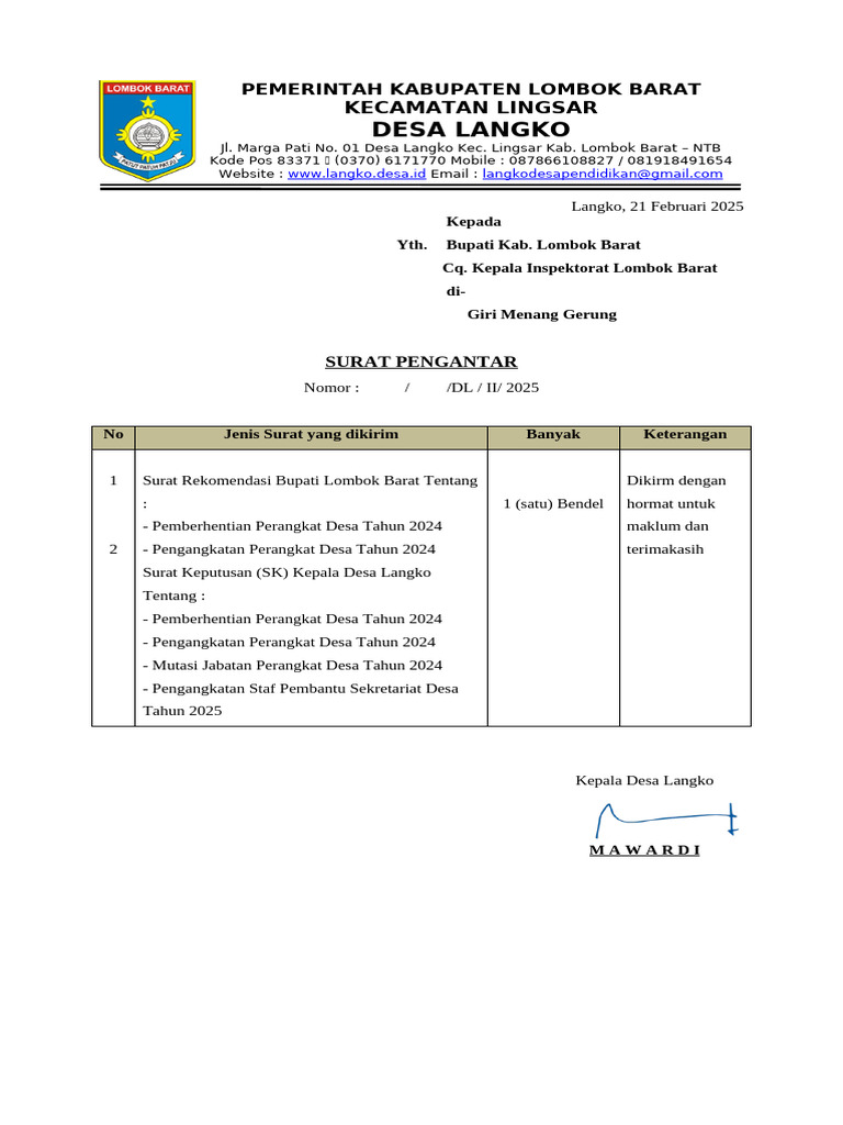 Surat Pengantar Ke DPMD, Inspektorat, Camat Lingsar & BPD | PDF