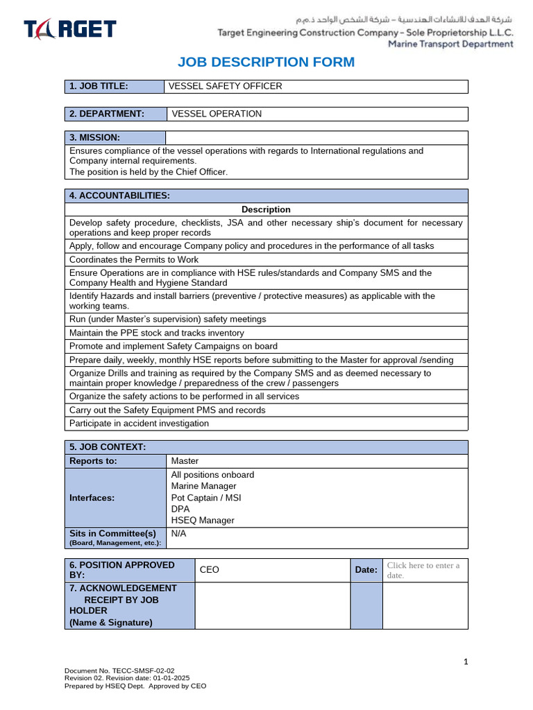 Vessel Safety Officer Job Description | PDF
