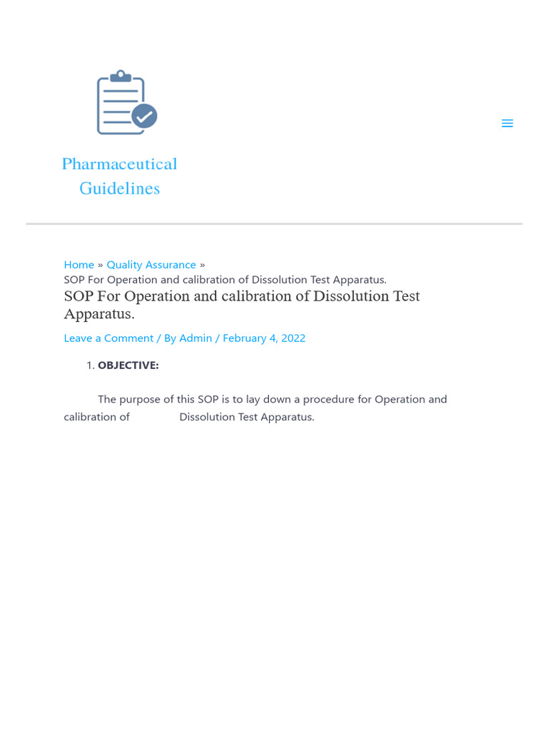 SOP For Operation and Calibration of Dissolution Test Apparatus ...