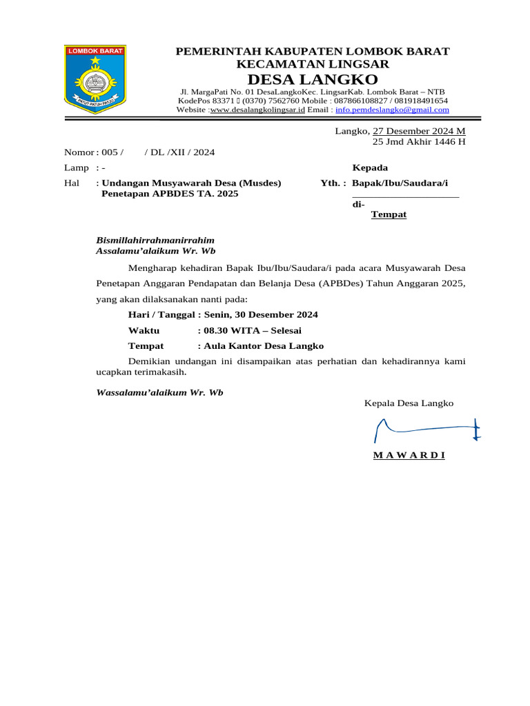 Undangan Musdes APBDes 2024 | PDF