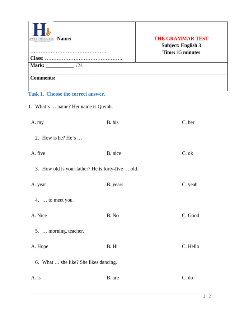 Grammar Test-Grade 3 | PDF