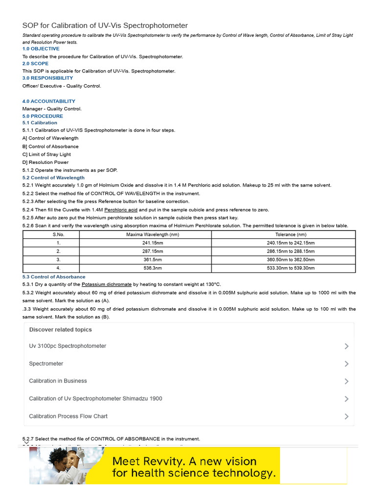 SOP For Calibration of UV-Vis Spectrophotometer - Pharmaguideline | PDF ...