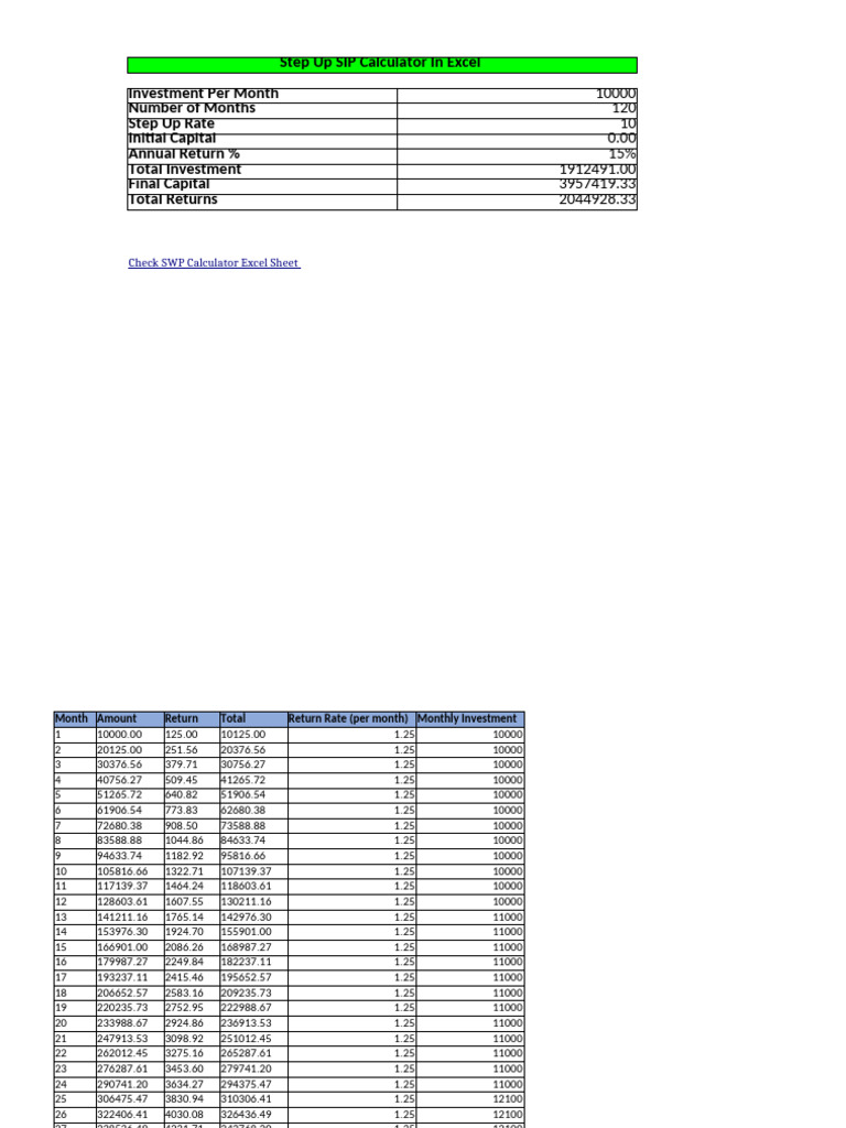 Step Up SIP Calculator in Excel | PDF