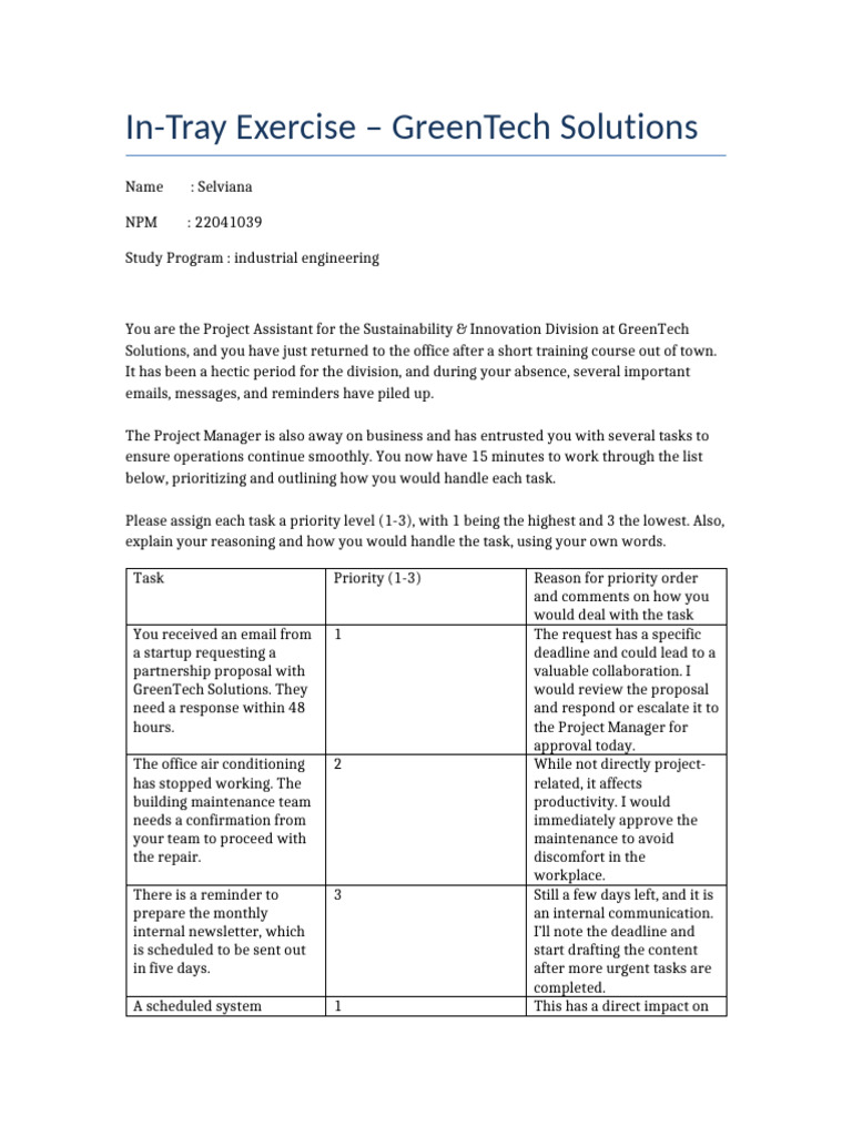 In Tray Exercise GreenTech Solutions | PDF