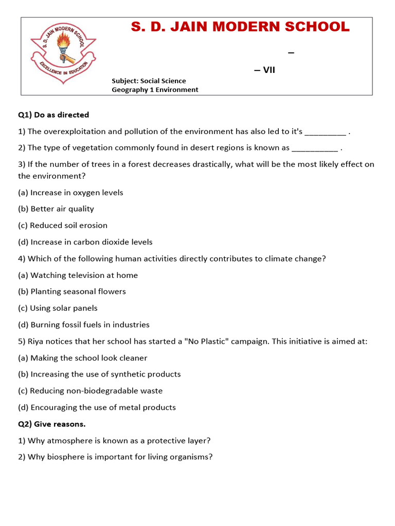 Class 7 Environment Worksheet | PDF