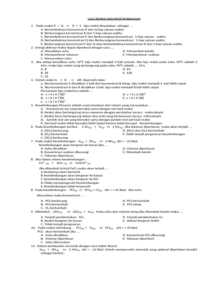 Soal Laju Reaksi Dan Kesetimbangan Kimia Cetak | PDF