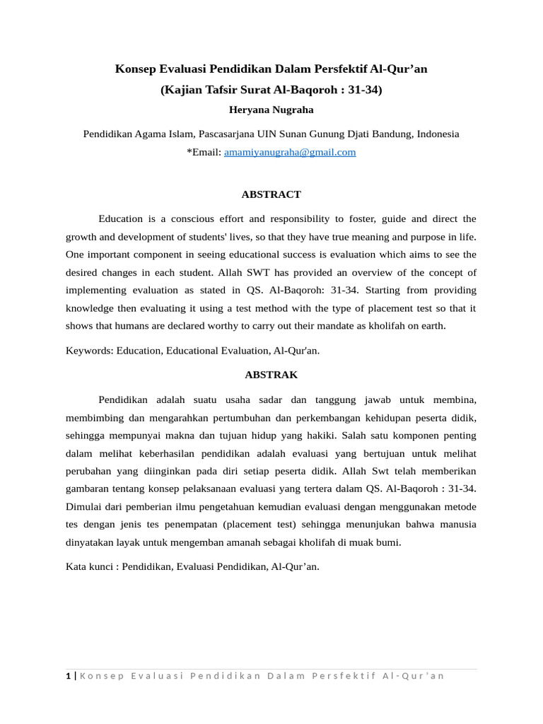 Konsep Evaluasi Pendidikan Dalam Persfektif Al-Qur’an (Kajian Surat Al-Baqoroh Ayat 31-34 ...