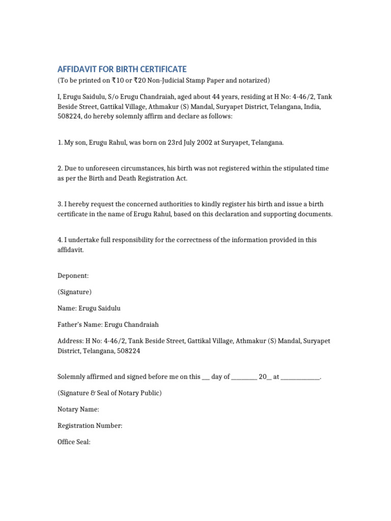 Notary Affidavit for Birth Certificate | PDF