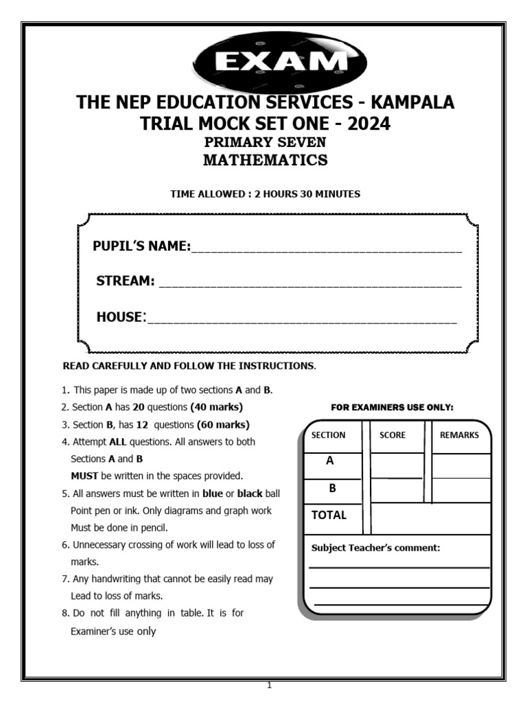 Nep Mock MTC Set 1 at Prof - Moses Vip | PDF | Area | Mathematics