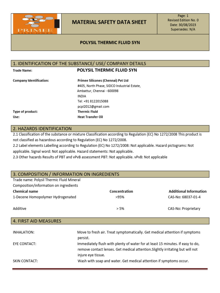 Polysil Thermic Fluid Safety Data Sheet | PDF | Water | Combustion