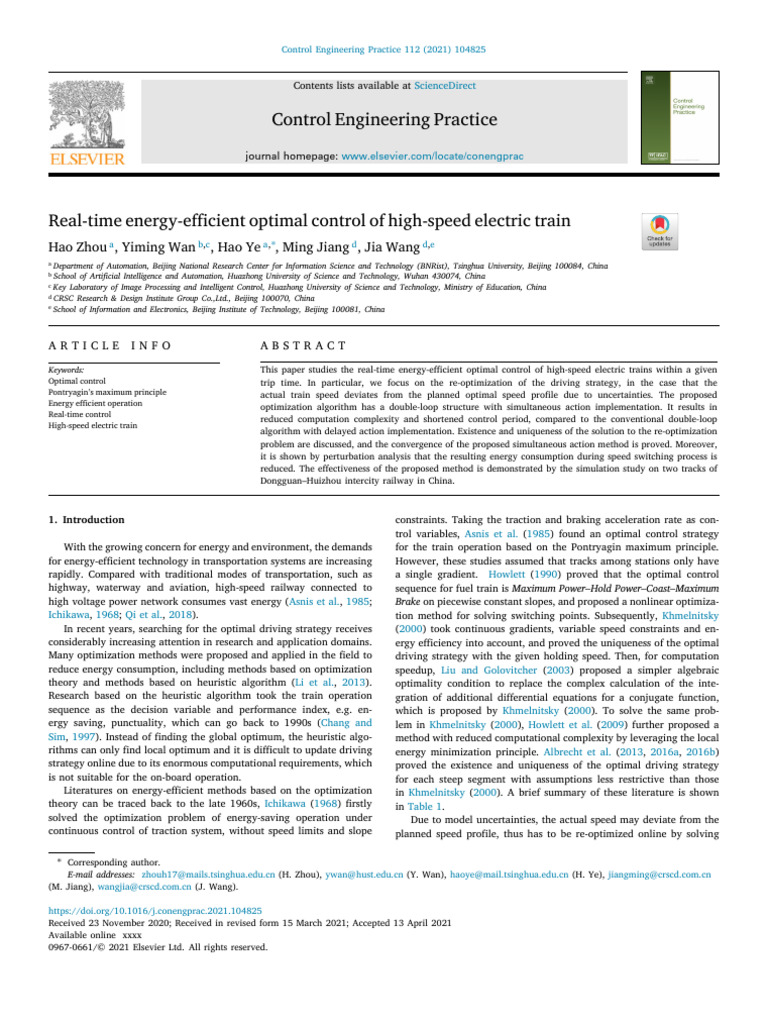 Control Engineering Practice: Hao Zhou, Yiming Wan, Hao Ye, Ming Jiang, Jia Wang | PDF ...