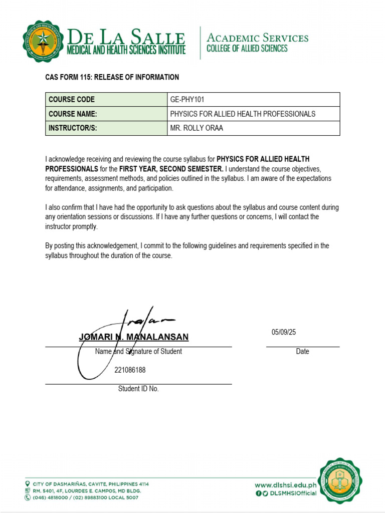 CAS Form 115 - Manalansan, Jomari N. | PDF