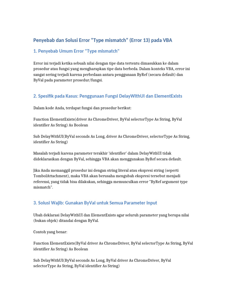 Penjelasan Error Type Mismatch VBA | PDF