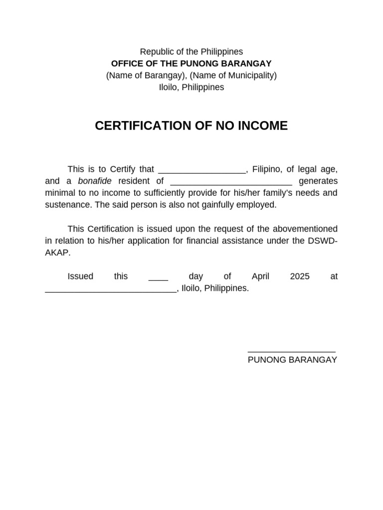 Certification of No Income Template | PDF