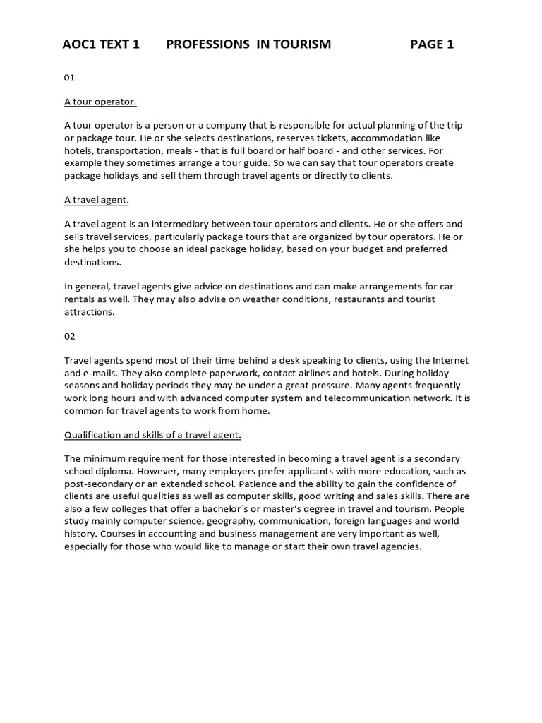 AOC1 TEXT 1 Professions in Tourism (Students) | PDF | Travel Agency ...
