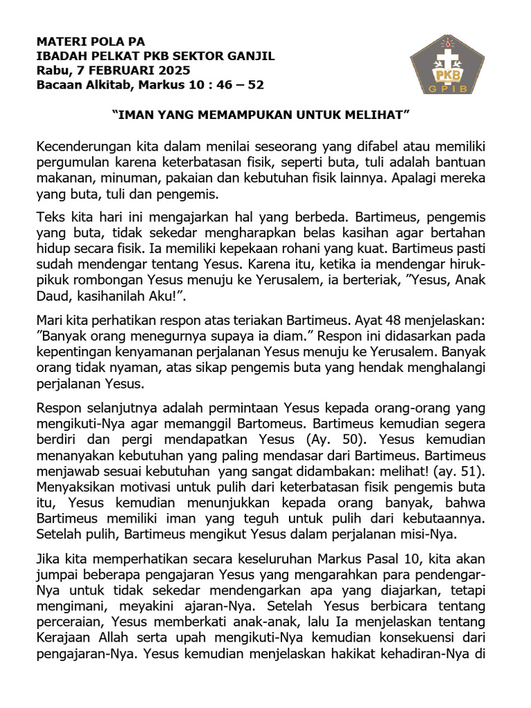 Materi Pola PA Ibadah PKB SP Ganjil - Jumat, 07 Februari 2025 | PDF