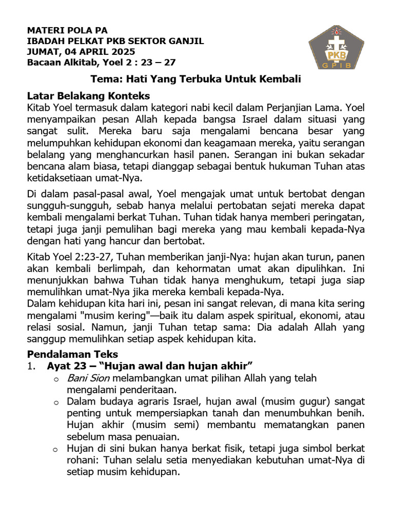 Pemulihan Dalam Yoel 2:23-27 | PDF